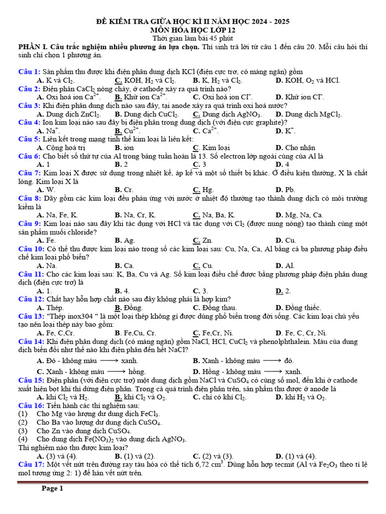 Đáp Án Hoa Hoc de On Tap Gk2 | PDF