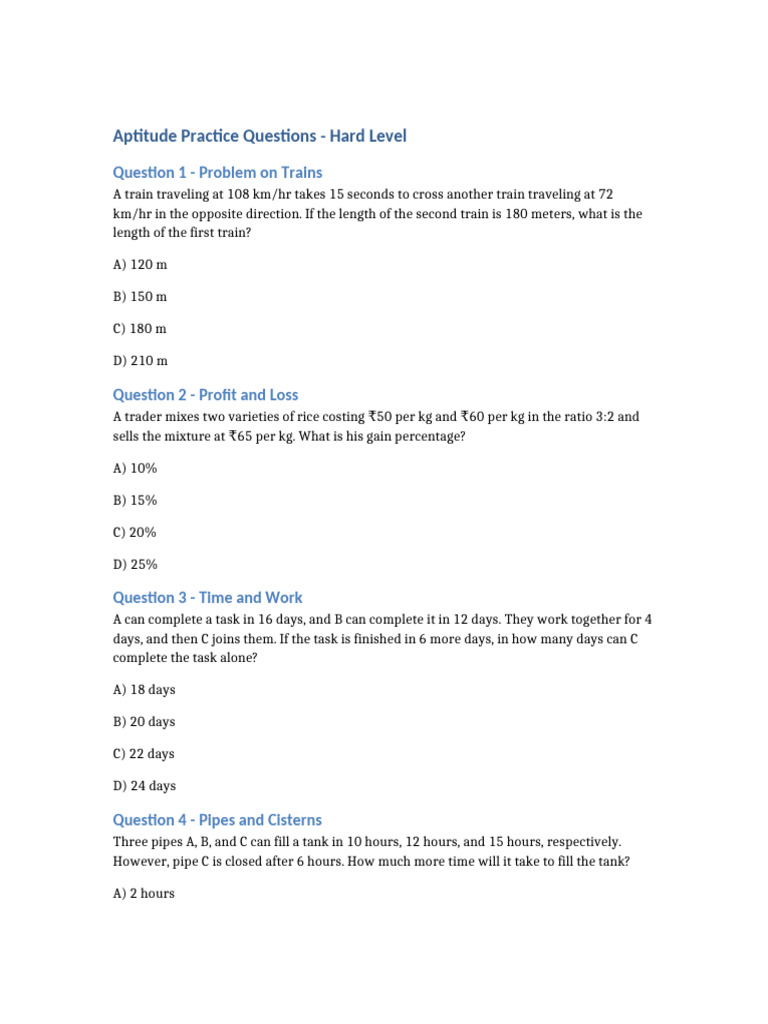 Aptitude Practice Questions Hard Level | PDF | Speed