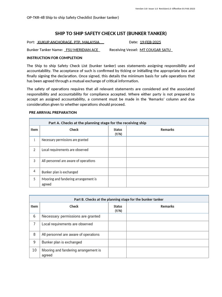 Ship-to-Ship Safety Checklist for Bunkering | PDF | Oil Tanker