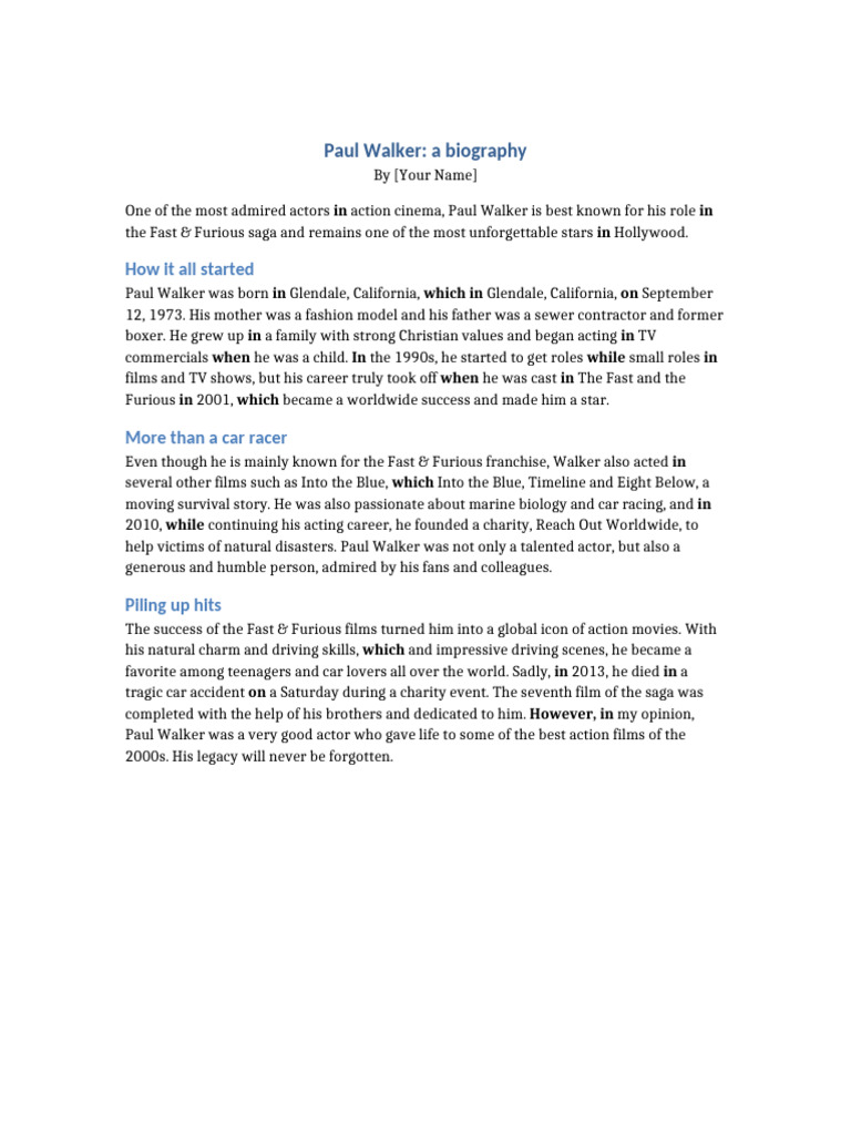 Paul Walker Biography Bolded | PDF