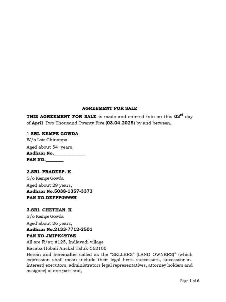Agreement For Sale Kempegowda | PDF | Deed | Conveyancing