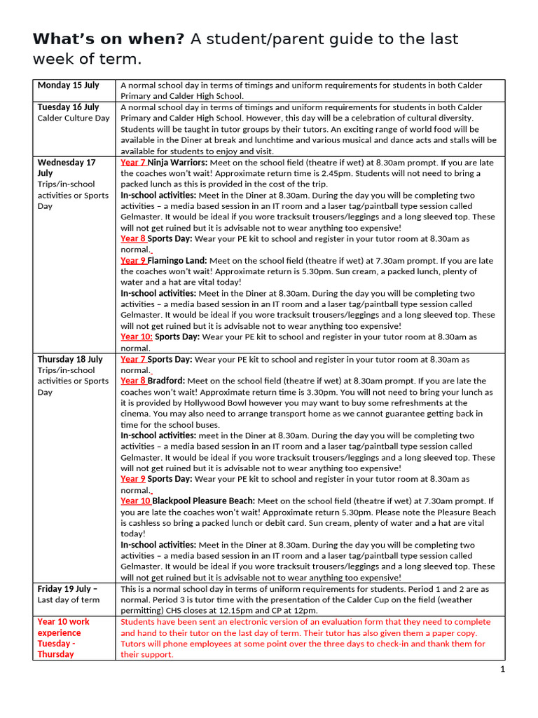 What's On When?: A Student/parent Guide To The Last Week of Term | PDF ...