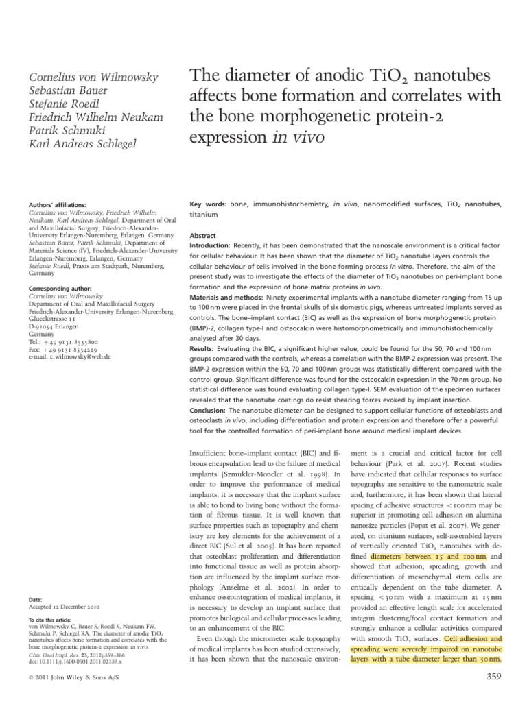 The Diameter of Anodic TiO2 Nanotubes Affects Bone Formation and ...