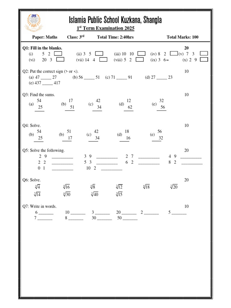 Paper Maths Class 3rd | PDF