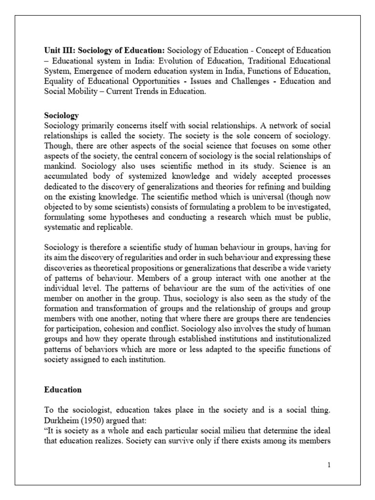 Unit III Sociology of Education | PDF | Sociology | Science