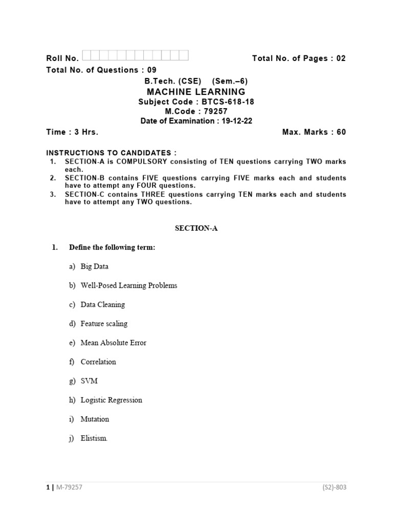 Btech Cse 6 Sem Machine Learning 79257 Dec 2022 | PDF