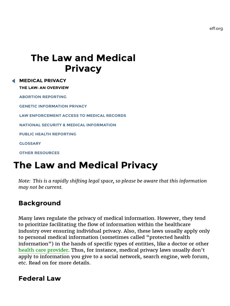 Medical Privacy The Law - An Overview | PDF | Health Insurance ...