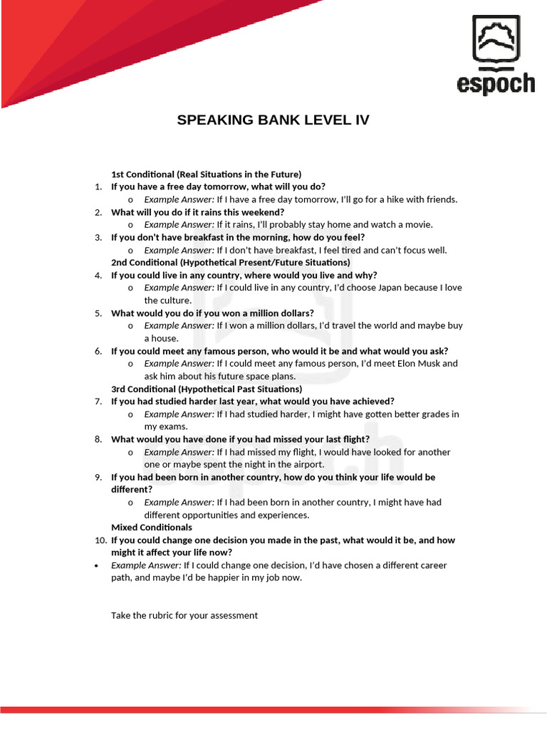 Speaking Bank Level IV: Conditional Practice | PDF | Human ...
