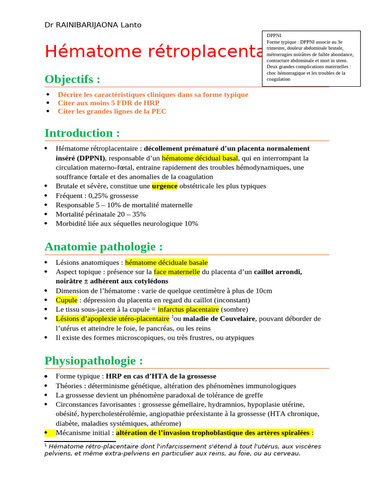 Hématome Rétroplacentaire : Diagnostic et PEC | PDF | Maladies et ...