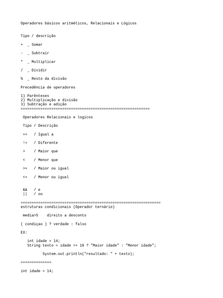 Operadores Básicos Aritméticos, e Mais | PDF
