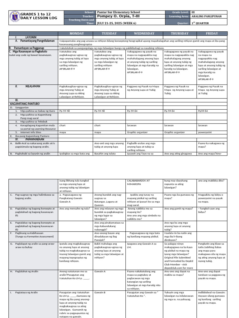 DLL Araling Panlipunan 3 q1 w6 | PDF