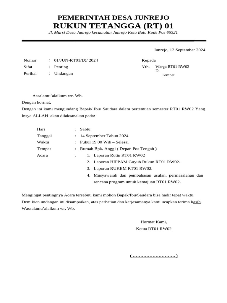 Undangan Pertemuan RT01 RW02 14 Sept 2024 | PDF