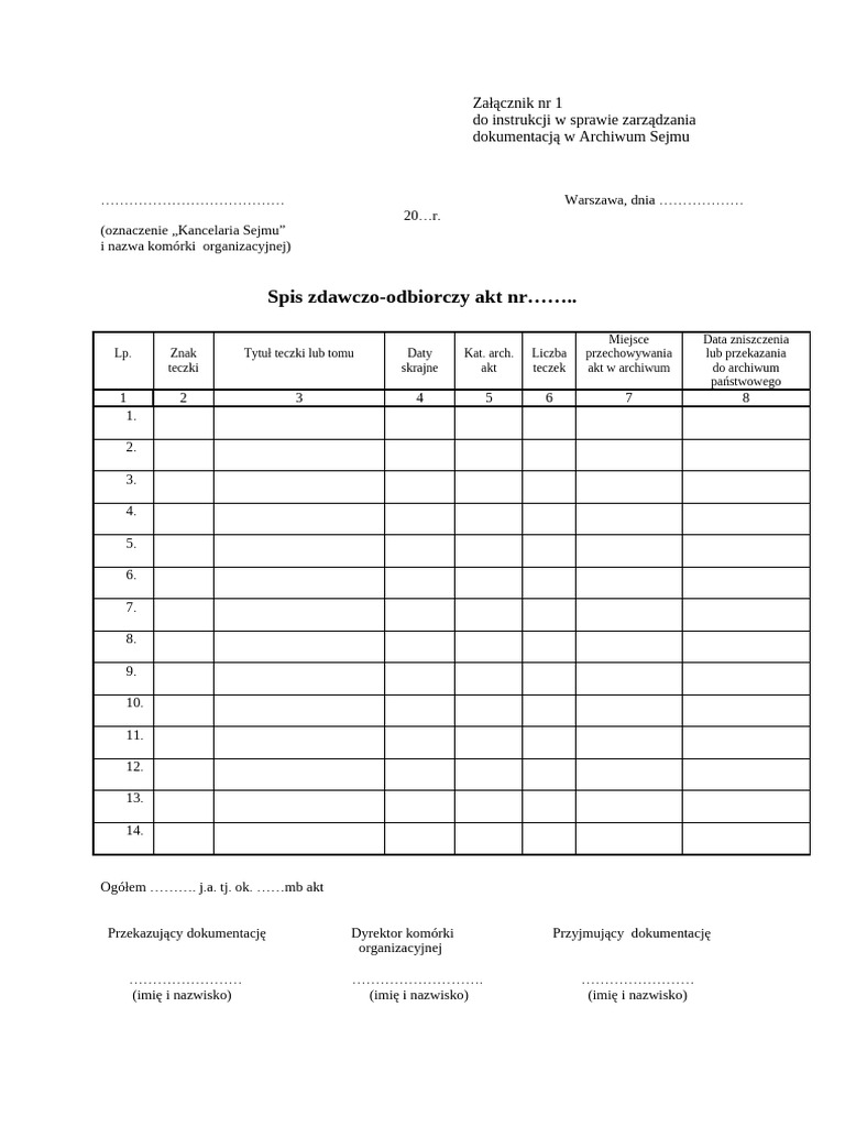 Spis Zdawczo Odbiorczy | PDF