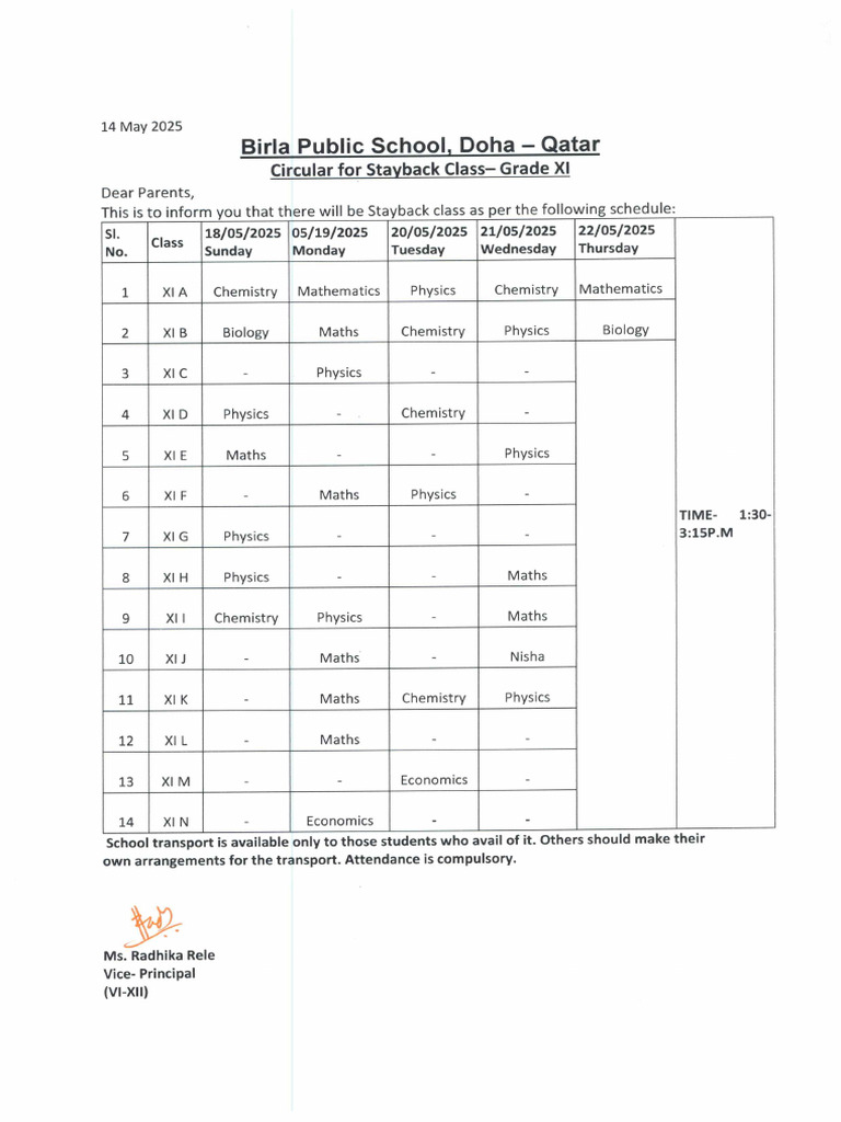 Circular For Stayback Class Xi (18 To 22 May 2025) | PDF