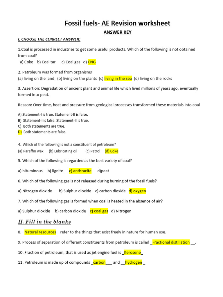 AE Science Fossil Fuels Revision Worksheet Answer Key 2022-23 | PDF ...