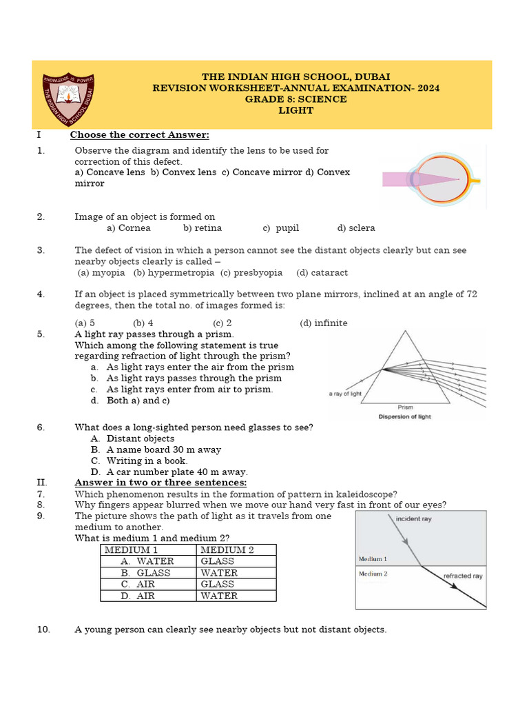 AE Science Light Revision Worksheet | PDF | Mirror | Vision