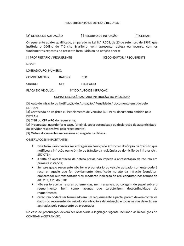 Modelo REQUERIMENTO DE DEFESA DETRAN | PDF