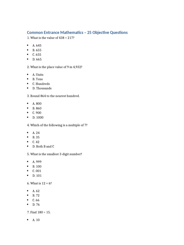 Common Entrance Math Questions & Answers | PDF