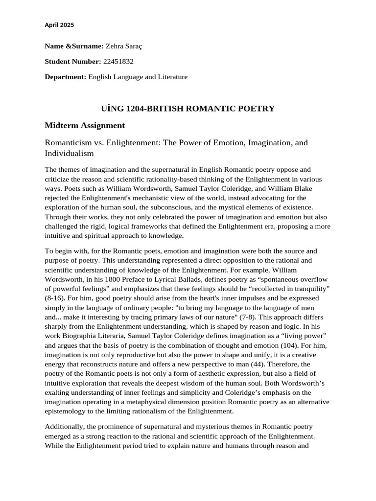 Ui̇ng 1204-British Romantic Poetry Midterm Assignment-Zehra Saraç | PDF ...