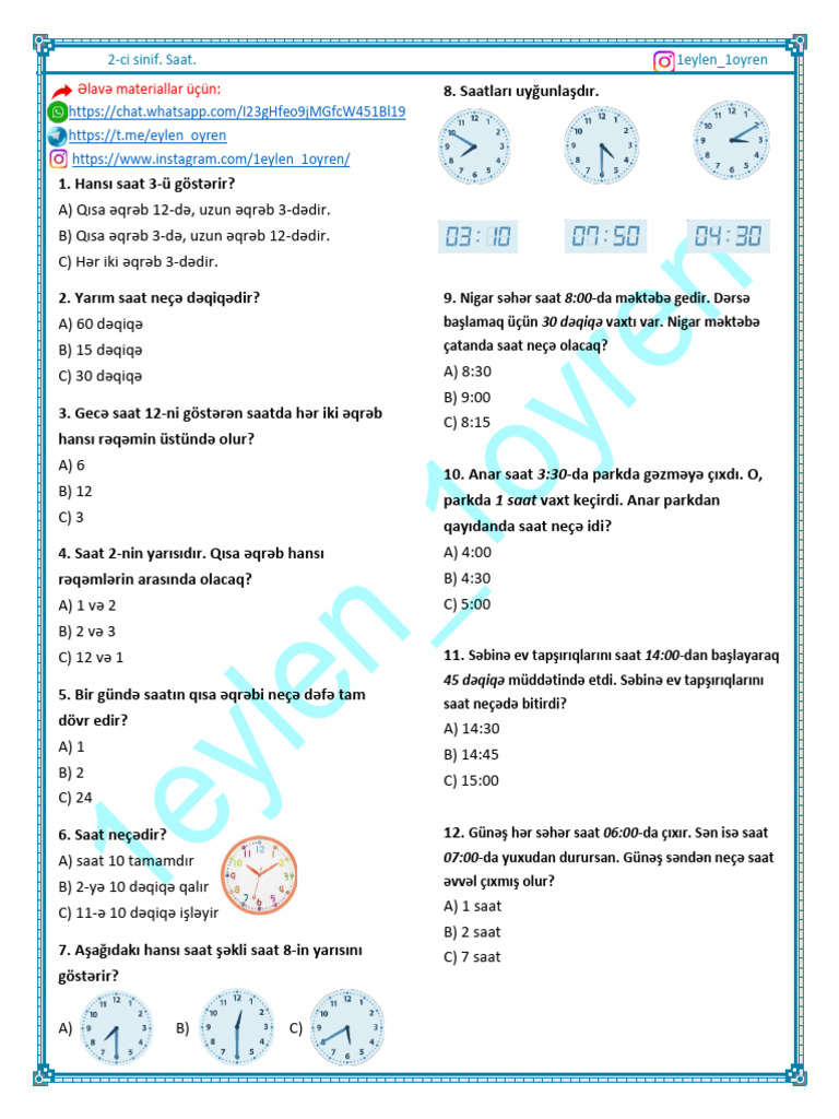 2-Ci Sinif. Saat. 1eylen - 1oyren (0703361011) | PDF