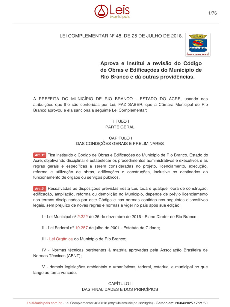 Lei Complementar 48 2018 Rio Branco AC Consolidada (13 05 2024) | PDF | Propriedade privada