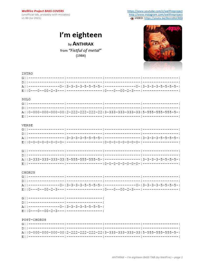Anthrax "I'm Eighteen" Bass Tab | PDF | Heavy Metal Music | Songs