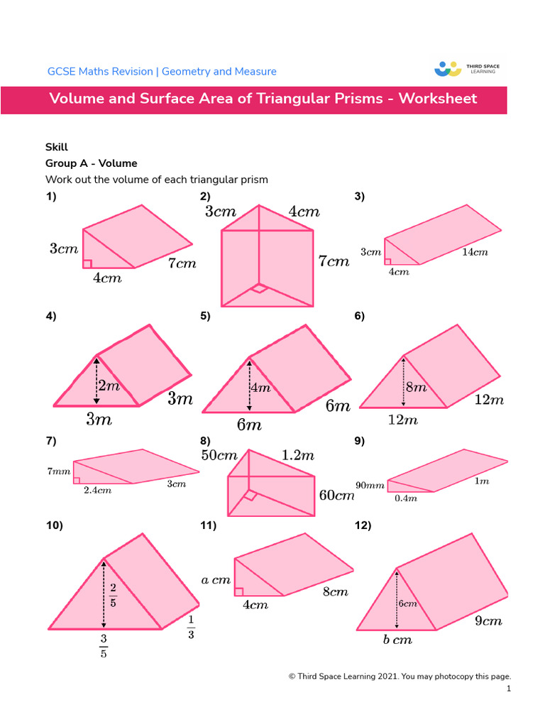 Triangular Prisms: Volume & Surface Area Worksheet | PDF | Area | Volume