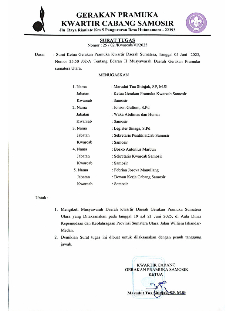 Surat Tugas Musda Samosir | PDF