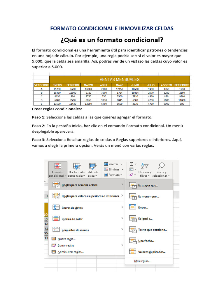 Formato Condicional e Inmovilizar Celdas | PDF | Microsoft Excel | Hoja de cálculo
