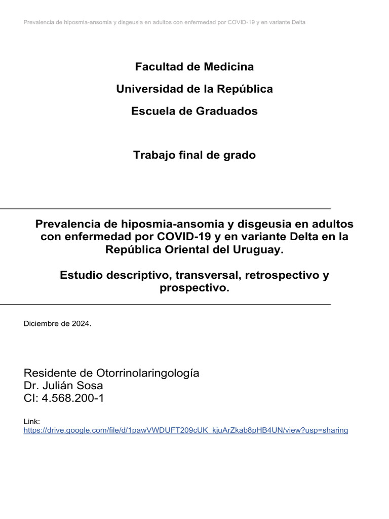 Estudio Hiposmia Anosmia | PDF | Medicina | Enfermedades y trastornos