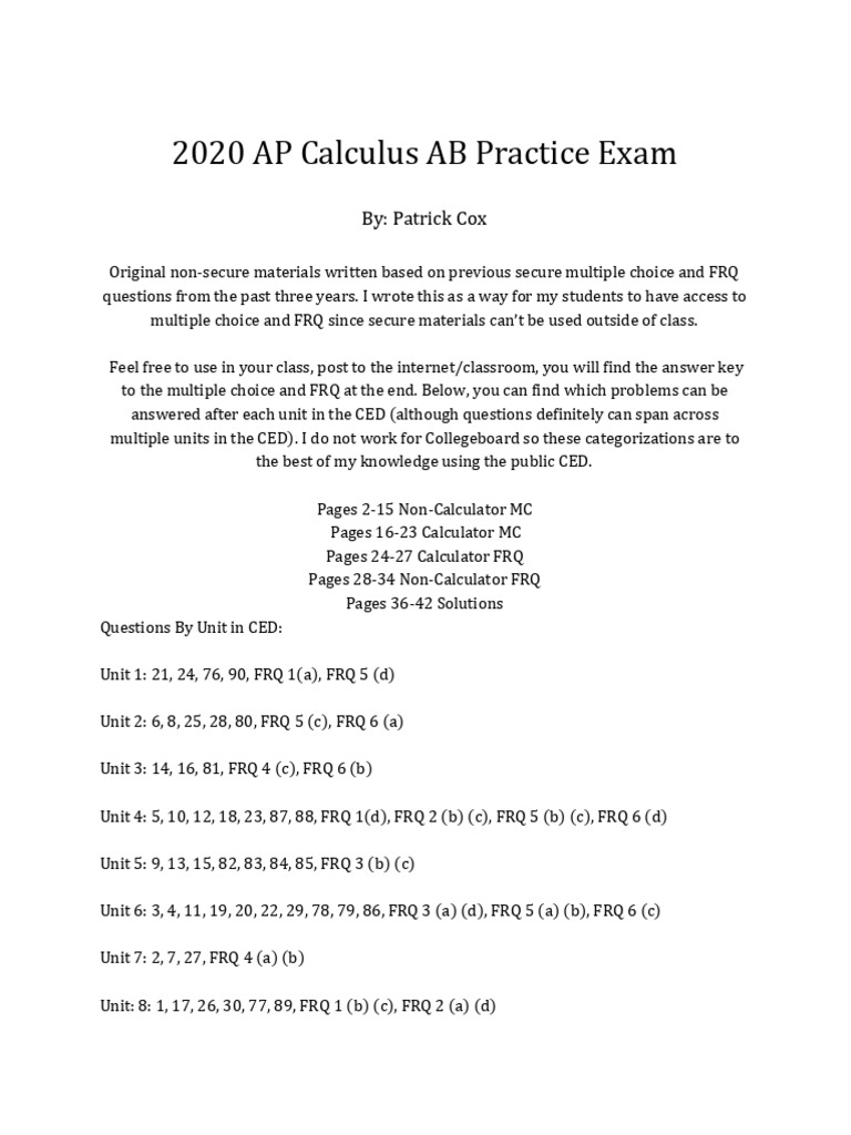 2020 AP Calculus Practice Exam Mc and Frq Updated 1 | PDF | Function ...