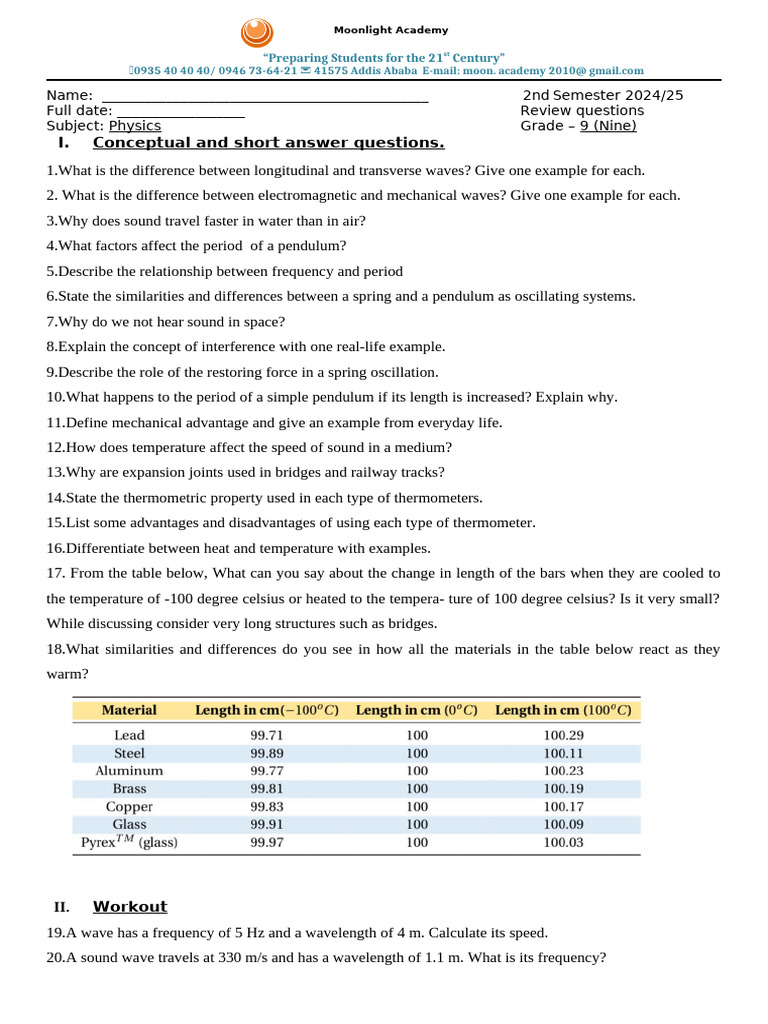 Grade 9 Physics Review Questions | PDF | Temperature | Waves