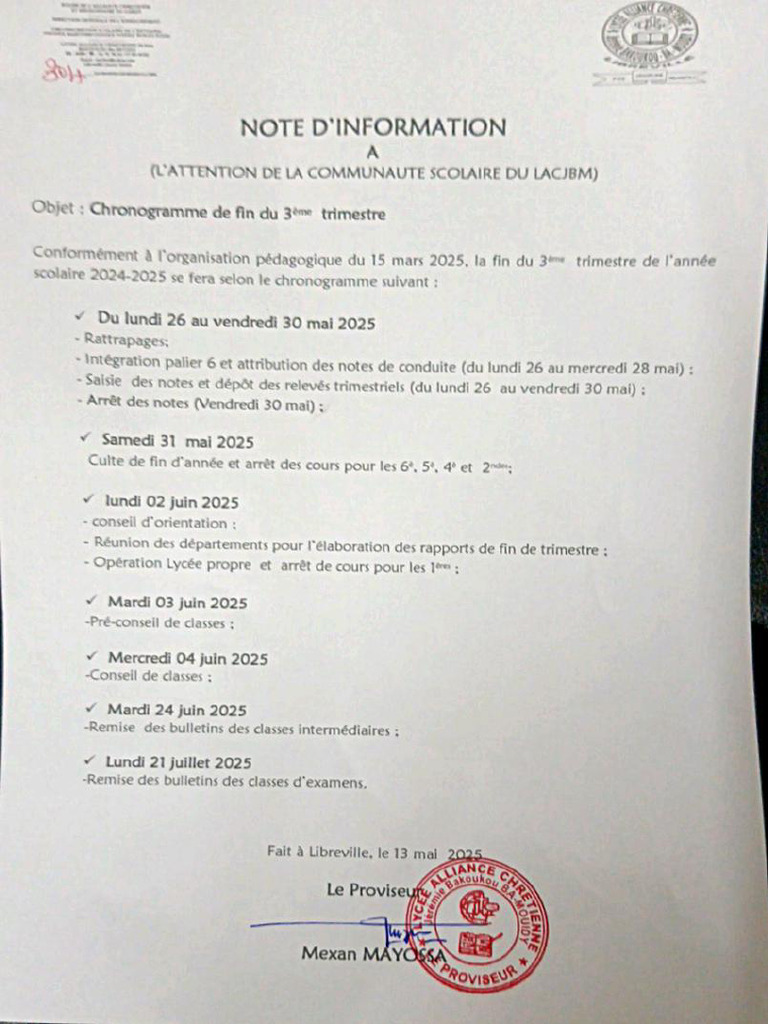 Chronogramme de Fin de Trimestre 25 | PDF