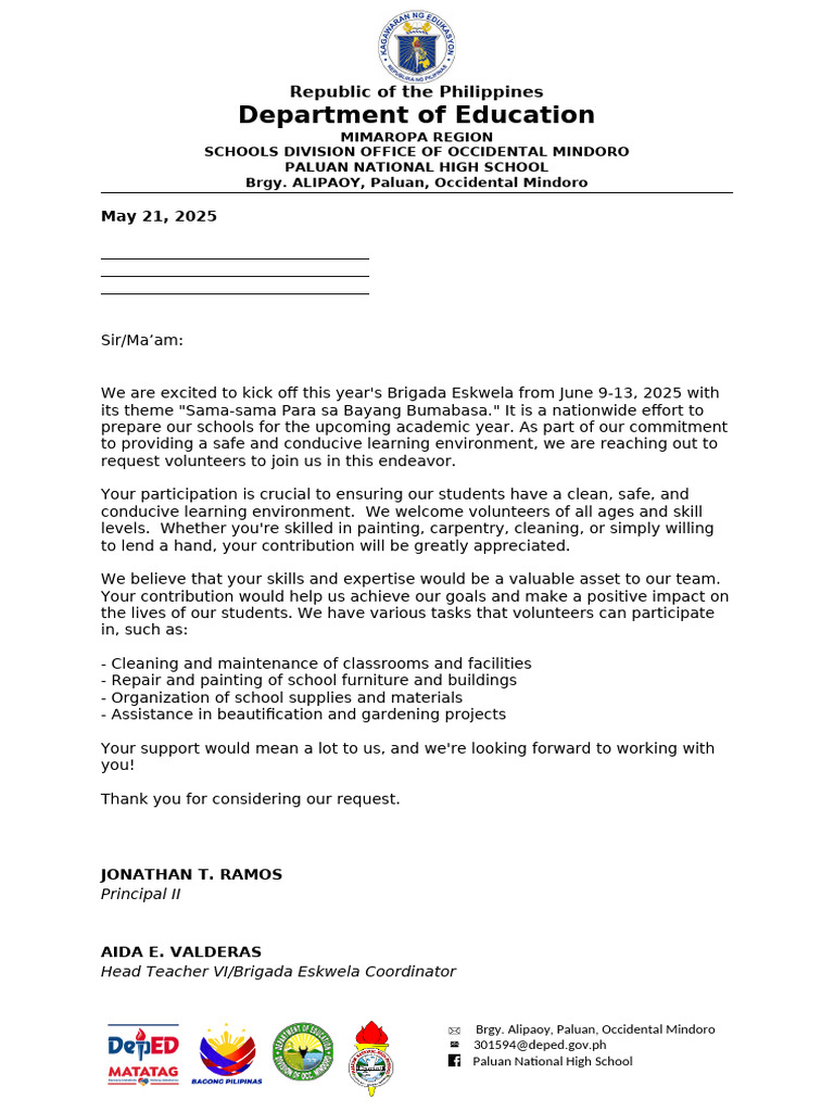 Letter For Brigada Eskwela 2025 | PDF