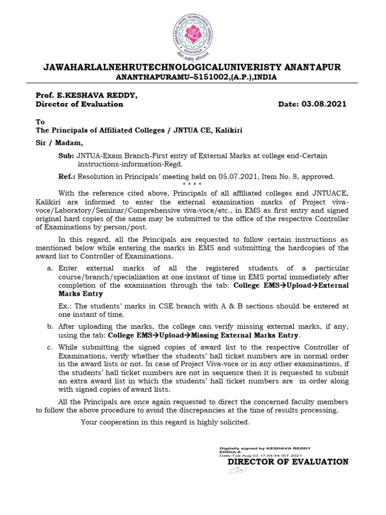 JNTUA EMS Instructions For Entry of External Marks - Sign | PDF