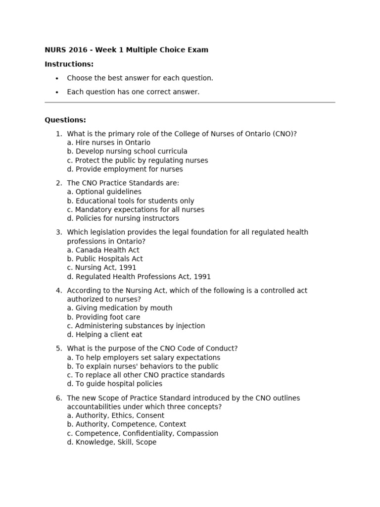 NURS 2016 - Week 1 Multiple Choice Exam Instructions | PDF | Nursing ...