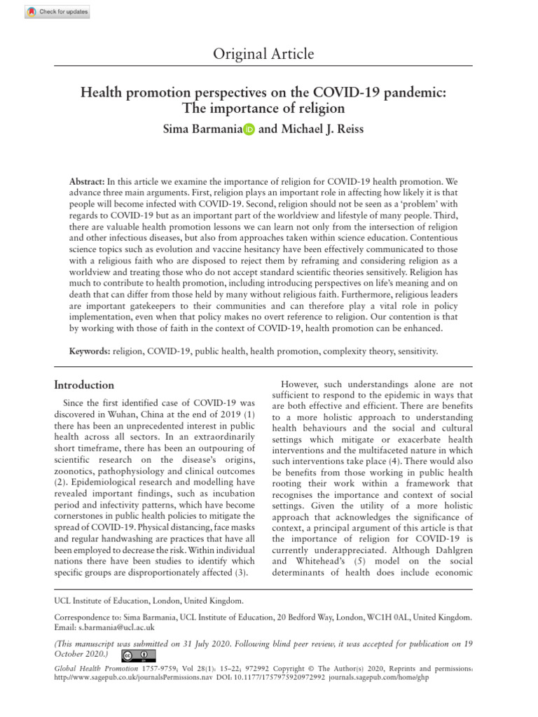 Barmania Reiss 2020 Health Promotion Perspectives On The Covid 19 ...