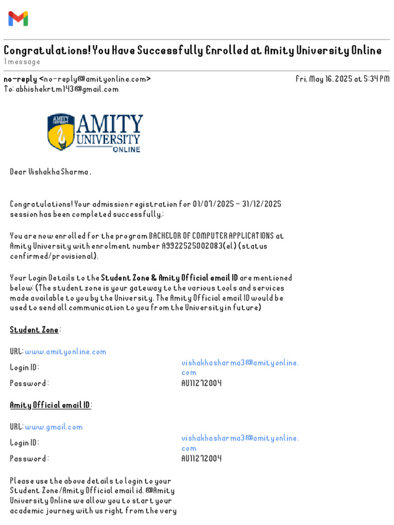 Successfully Enrolled at Amity University Online | PDF