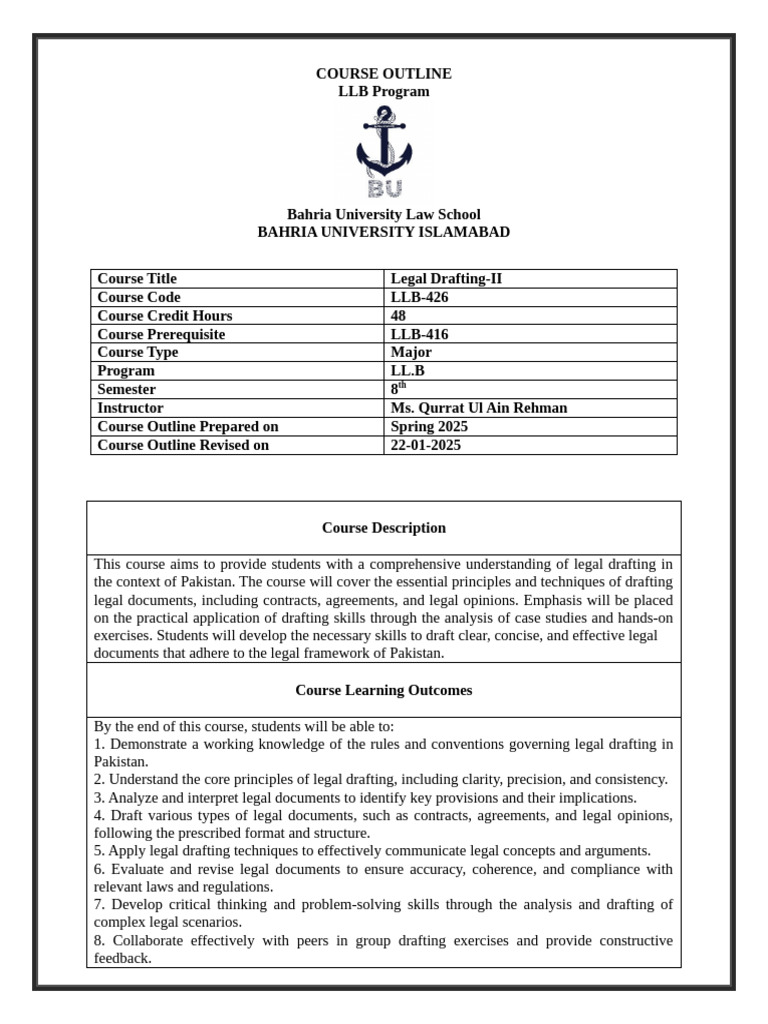 Legal Drafting II Course Outline | PDF | Knowledge | Learning