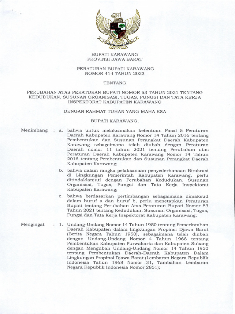 Perbup 414 2023 Perubahan SOTK Pertama Inspektorat - 0001 | PDF