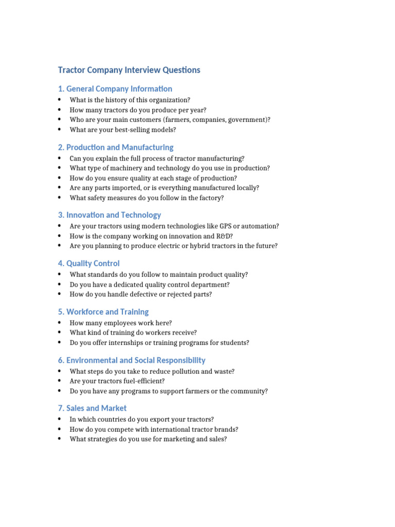 Tractor Company Interview Questions | PDF