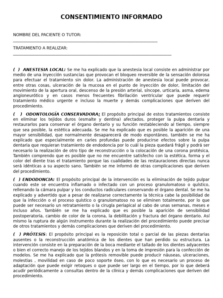 Consentimiento Informado Dental | PDF | Odontología | Especialidades Medicas