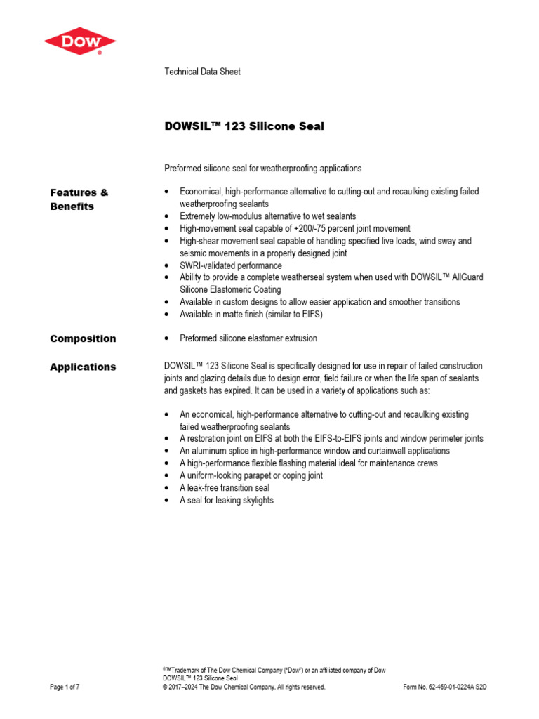 DOWSIL 123 Silicone Seal All Colors Product Data 2272607 | PDF ...
