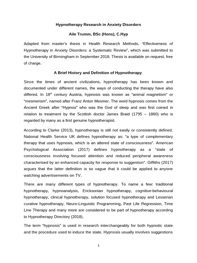 Hypnotherapy Research in Anxiety Disorders | PDF | Hypnotherapy | Mental Disorder