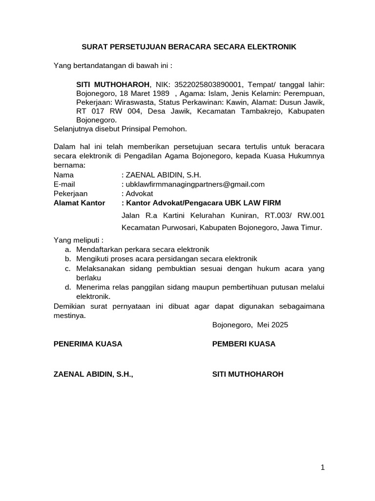 Surat Persetujuan Beracara Secara Elektronik | PDF