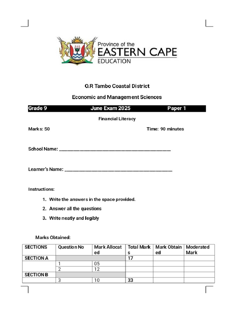 EMS GRADE 9 JUNE EXAMS PAPER 1 2025 QP & MEMO-2 - Phoenix | PDF