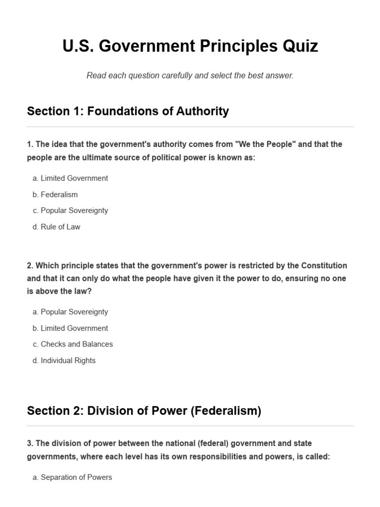 U.S. Government Principles Quiz | PDF | Separation Of Powers Under The ...
