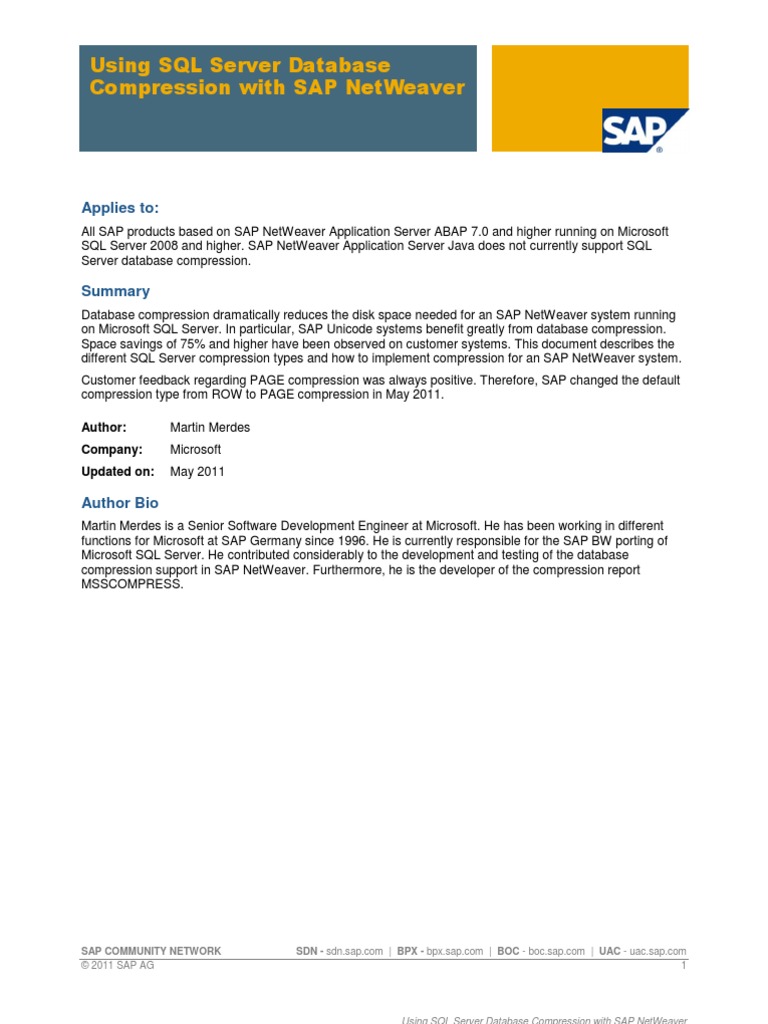 Using SQL Server Database Compression With SAP NetWeaver | PDF | Database Index | Microsoft Sql ...
