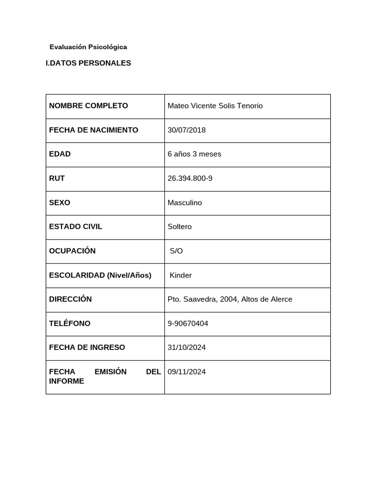 Copia de Evaluación Psicológica Mateo Solis | PDF | Desorden ...
