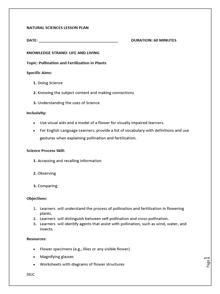 Grade 7 Natural Sciences Pollination Lesson Plan | PDF | Flowers | Pollination